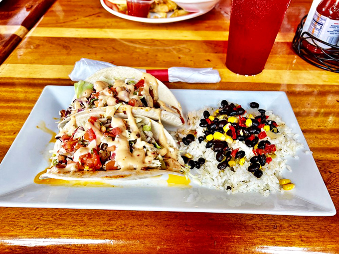 This fish taco isn't just a meal&mdash;it's a beach vacation wrapped in a tortilla, complete with a side of black bean vacation bliss.