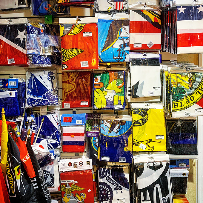 The flag collection rivals the United Nations – if the UN specialized in nautical signals, military standards, and conversation starters for your next backyard gathering.