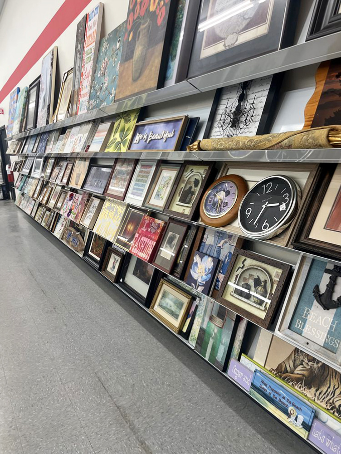 Wall art paradise! From inspirational quotes to vintage landscapes, someone's discarded decor becomes your living room's conversation piece.