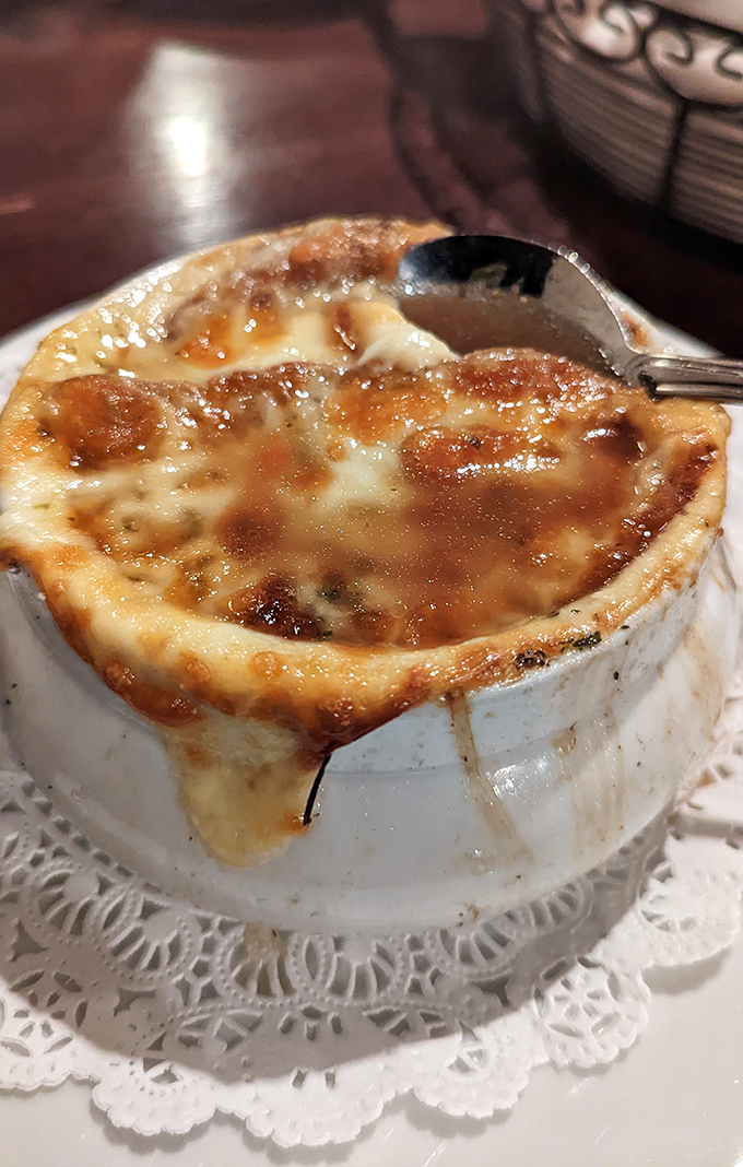 The star of the show: French onion soup with that Instagram-worthy cheese pull that makes you want to send photos to friends before taking your first bite.