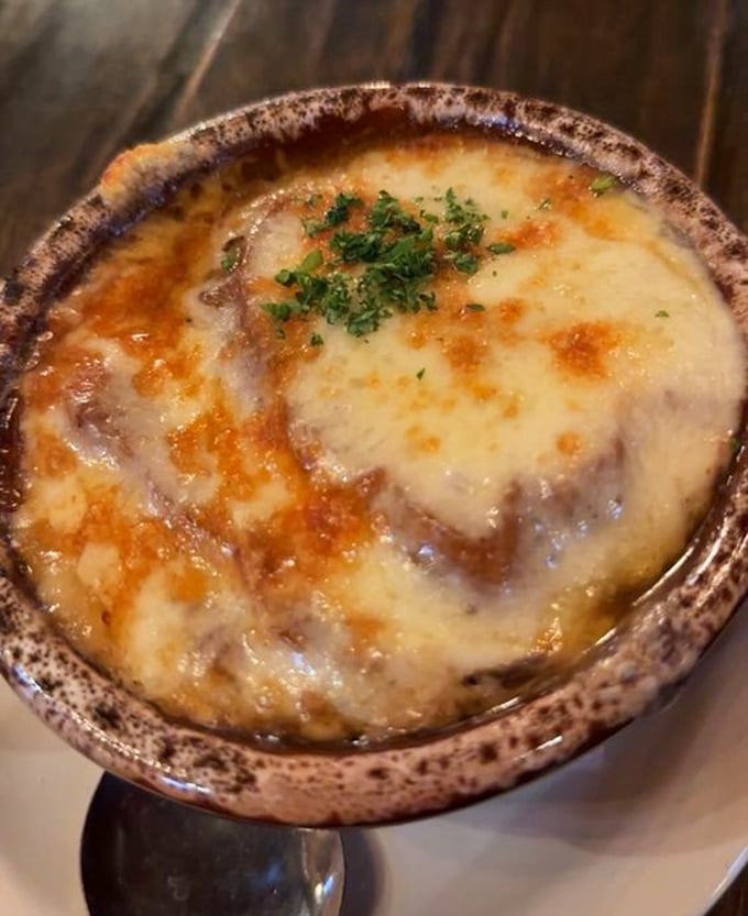 Behold the star of our show&mdash;French onion soup with a cheese pull so magnificent it deserves its own Pennsylvania zip code.
