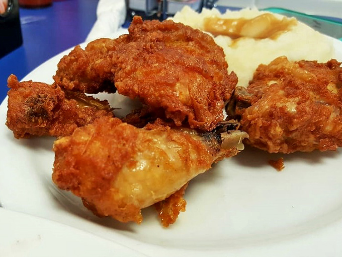 Golden-brown fried chicken that makes a satisfying crunch you can practically hear through the photo. Crispy exterior, juicy interior&mdash;the universal language of comfort.