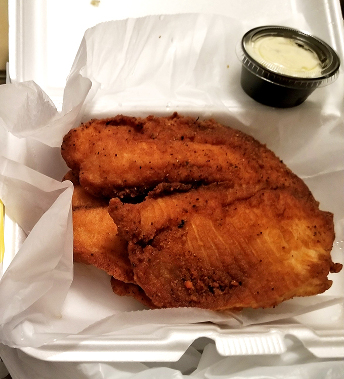 Golden-fried perfection that shatters at first bite, revealing flaky white fish that would make Neptune himself weep with joy.