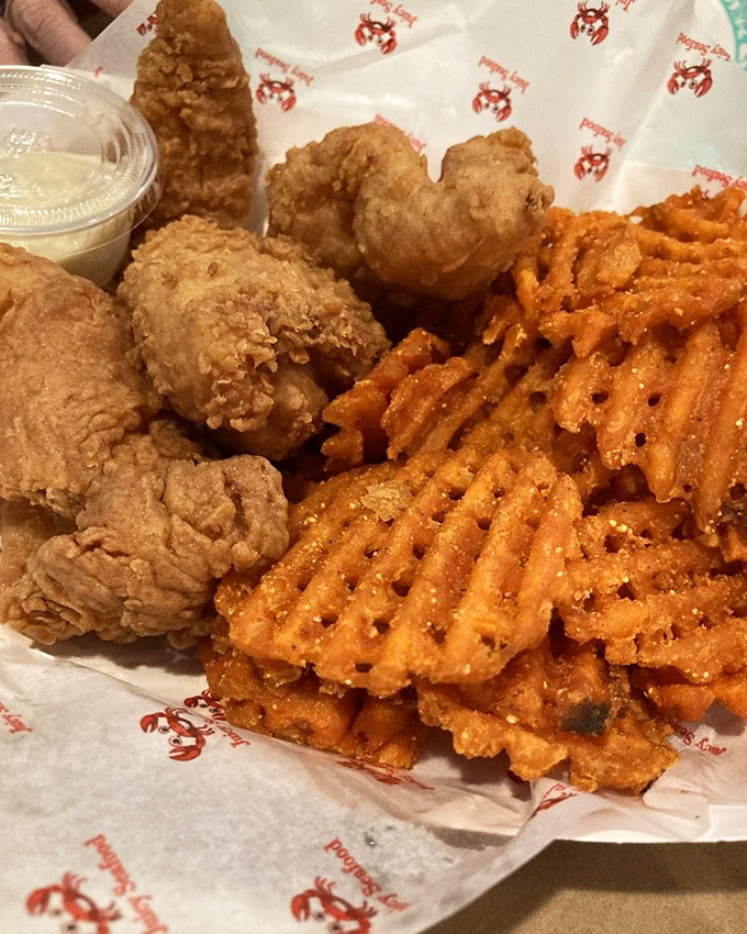 Golden-fried nuggets of happiness paired with waffle fries that could make a potato proud. Comfort food that speaks fluent Maryland.