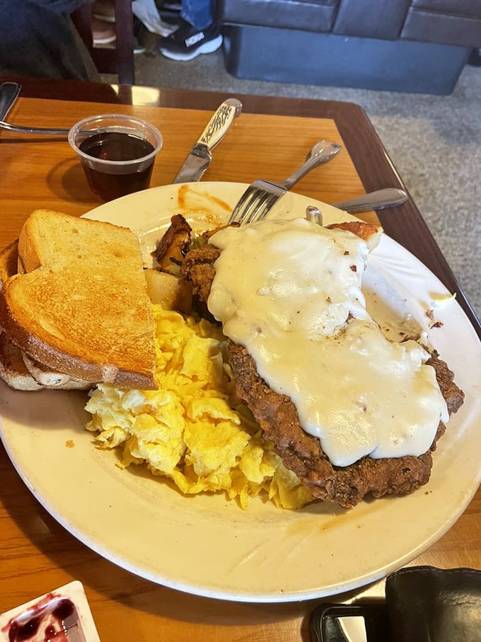 Behold the star attraction &ndash; chicken fried steak smothered in gravy so good you'll want to write home about it, if you weren't too busy eating.