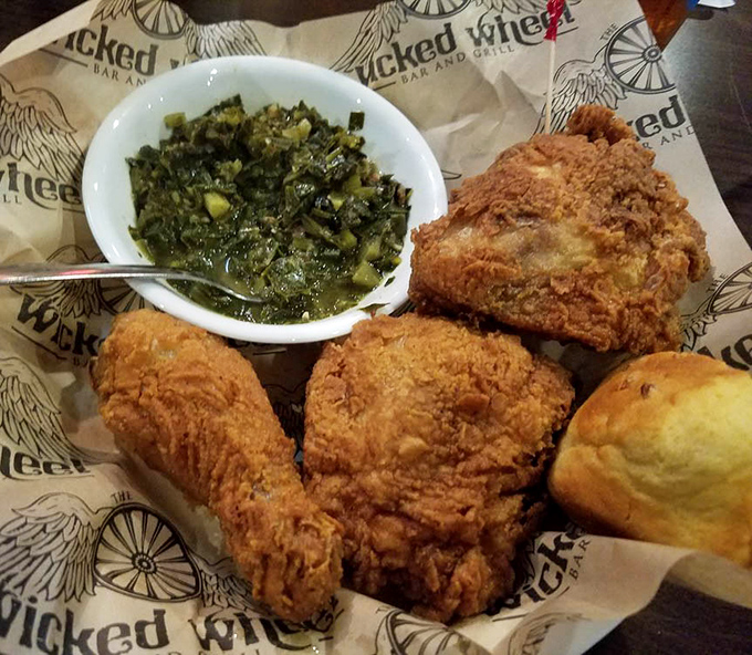 Golden-fried chicken that would make your grandmother jealous, paired with collard greens that taste like Sunday dinner at a Southern home.