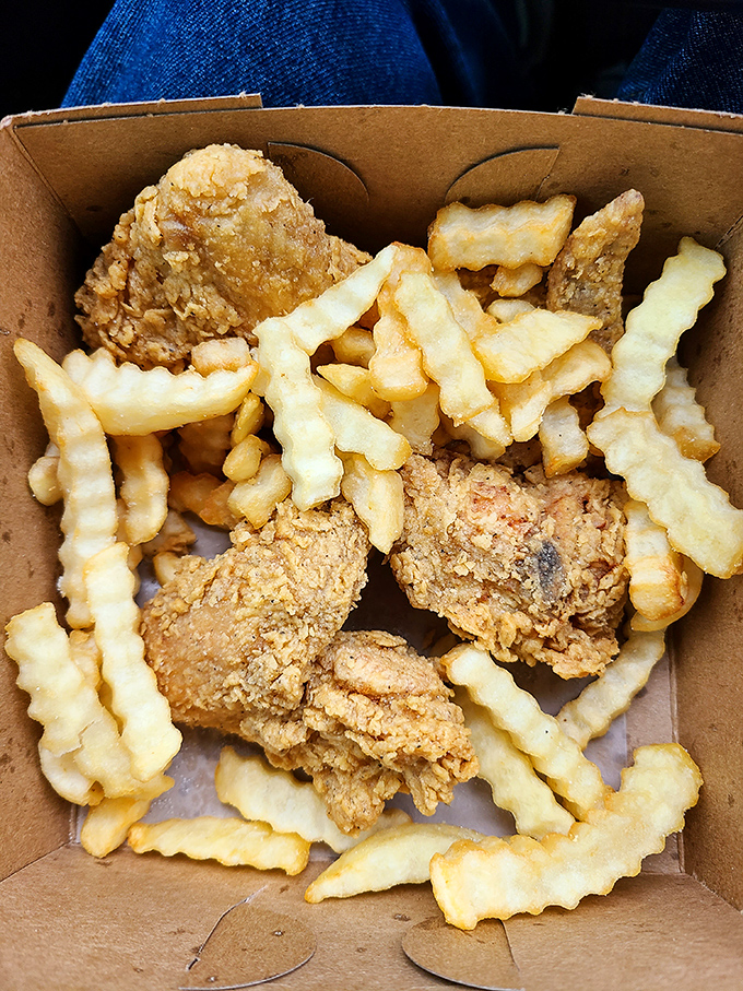 Golden perfection meets crispy fries in this cardboard box that holds more joy than most fancy restaurants.
