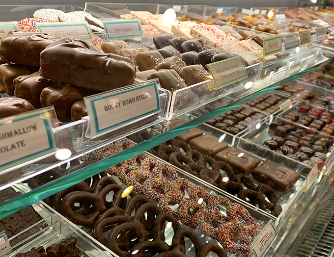 Chocolate-covered pretzels and rocky road sticks lined up like delicious soldiers, ready to march straight into your shopping bag and eventually your heart.