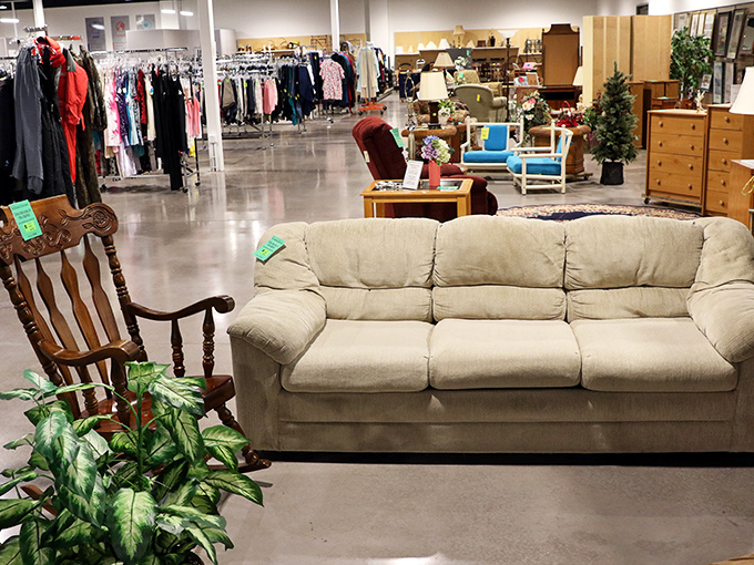That beige sofa might have witnessed family movie nights and holiday gatherings before landing here, waiting for its second act in someone else's living room.
