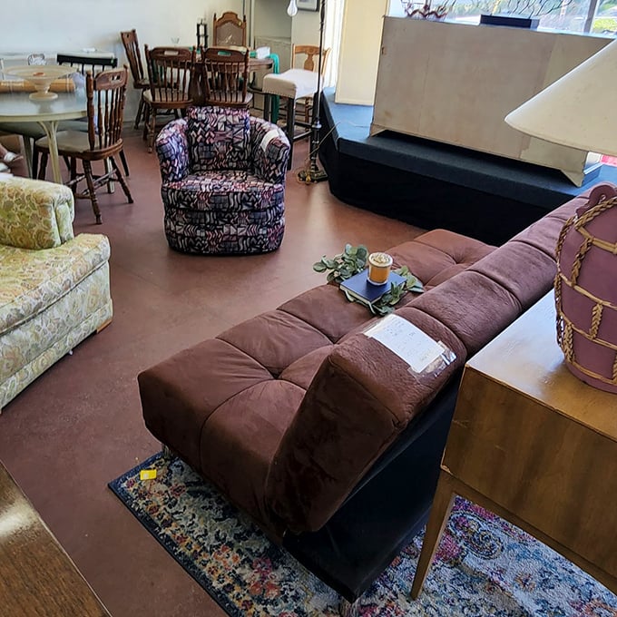 Living room vignettes showcase how secondhand furniture can create cozy, character-filled spaces without breaking the bank.