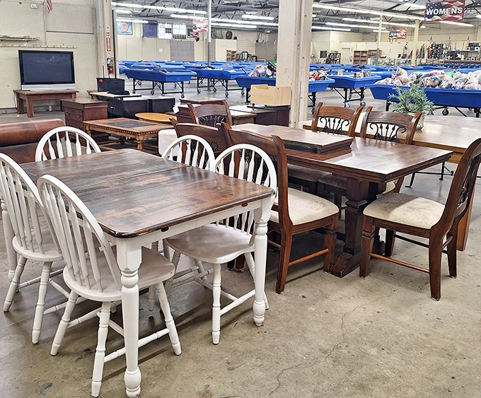 Dining sets with stories to tell. That farmhouse table with white chairs might have hosted family dinners before, but it's ready for your Thanksgiving spread now.