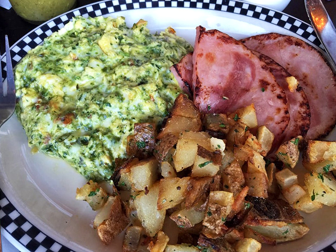 Behold the star attraction: Green Eggs and Ham in its full glory. Dr. Seuss would approve of this savory, pesto-infused masterpiece.
