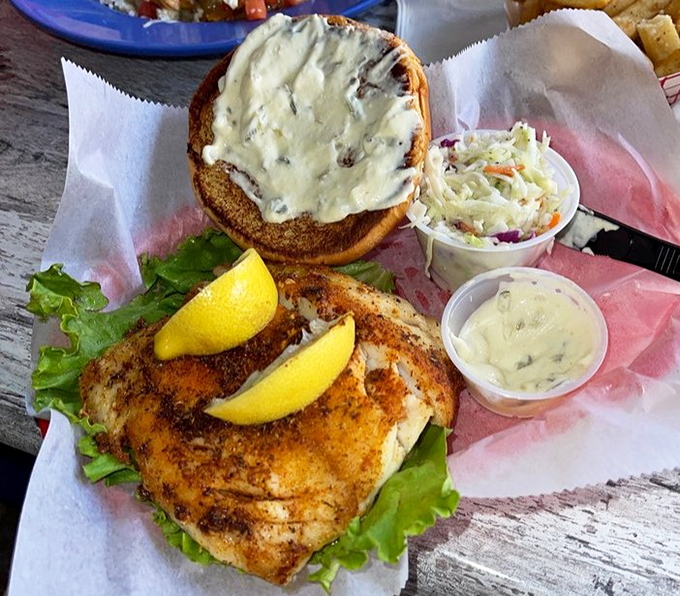 The star of the show: a blackened grouper sandwich that makes you pause mid-bite and wonder why you've wasted time eating lesser sandwiches your entire life.