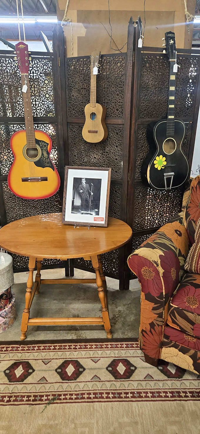 Guitar heaven for music lovers! These stringed beauties hang like art pieces, waiting for their next gig in someone's living room jam session.