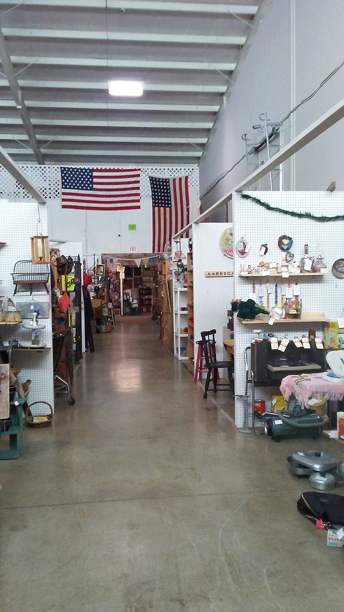 Stars and stripes forever! This patriotic corridor leads shoppers through a maze of Americana, where every booth tells a different story.