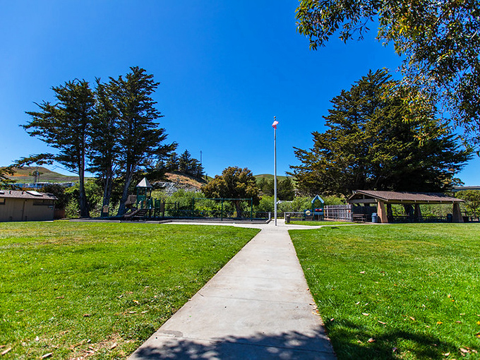 Hardie Park offers a slice of small-town serenity where towering cypress trees stand guard over picnic-perfect green spaces.