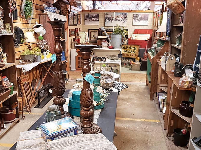 Every nook tells a story in this rustic vendor space, where wooden accents and carefully arranged treasures create the perfect hunting ground for nostalgic souls.