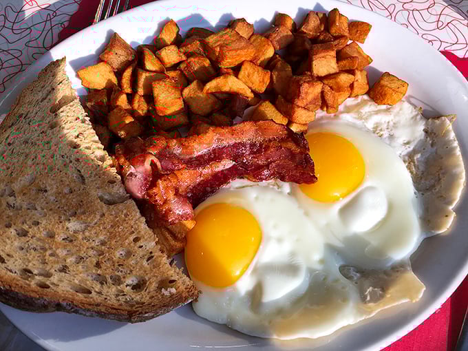 Home fries that justify the pilgrimage to Pottsville. Golden-brown cubes with that perfect crisp-outside-fluffy-inside balance alongside sunny-side-up eggs and bacon.