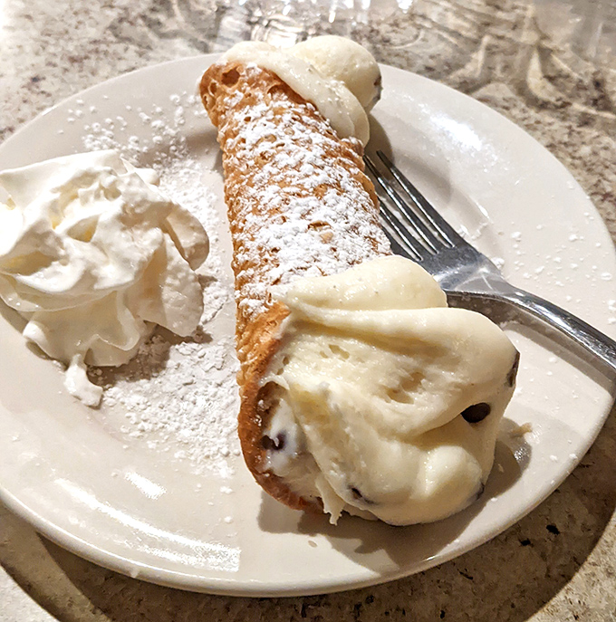 Behold the cannoli in all its powdered-sugar glory! That perfect shell-to-filling ratio is the culinary equivalent of hitting the lottery.