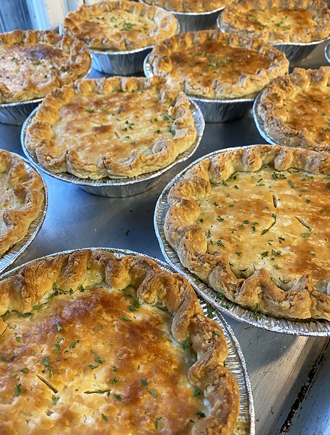 Golden-brown treasures lined up like edible art. These savory pies with their perfectly crimped edges aren't just baked—they're crafted with the kind of love that makes calories irrelevant.