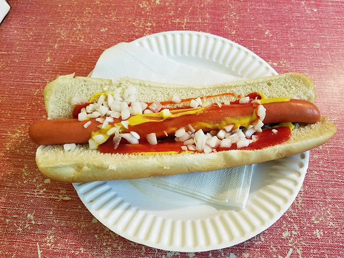 The classic foot-long, dressed with mustard, ketchup and diced onions. Some food philosophers believe simplicity is the highest form of culinary art.