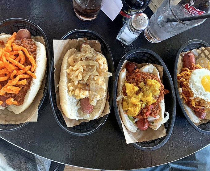 Hot dog heaven on a plate! These creative combinations might raise eyebrows in lesser establishments, but at Happy Dog, they're just another Tuesday.