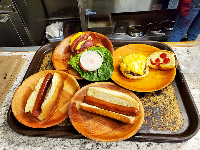 Hot dogs served on wooden plates&mdash;nature's dishware making these classic franks look like they've been elevated to gourmet status.