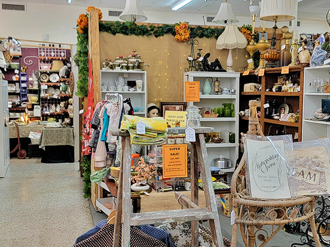 Every shelf tells a story here&mdash;this display mixes farmhouse chic with "grandma's favorite things" in the most charming possible way.