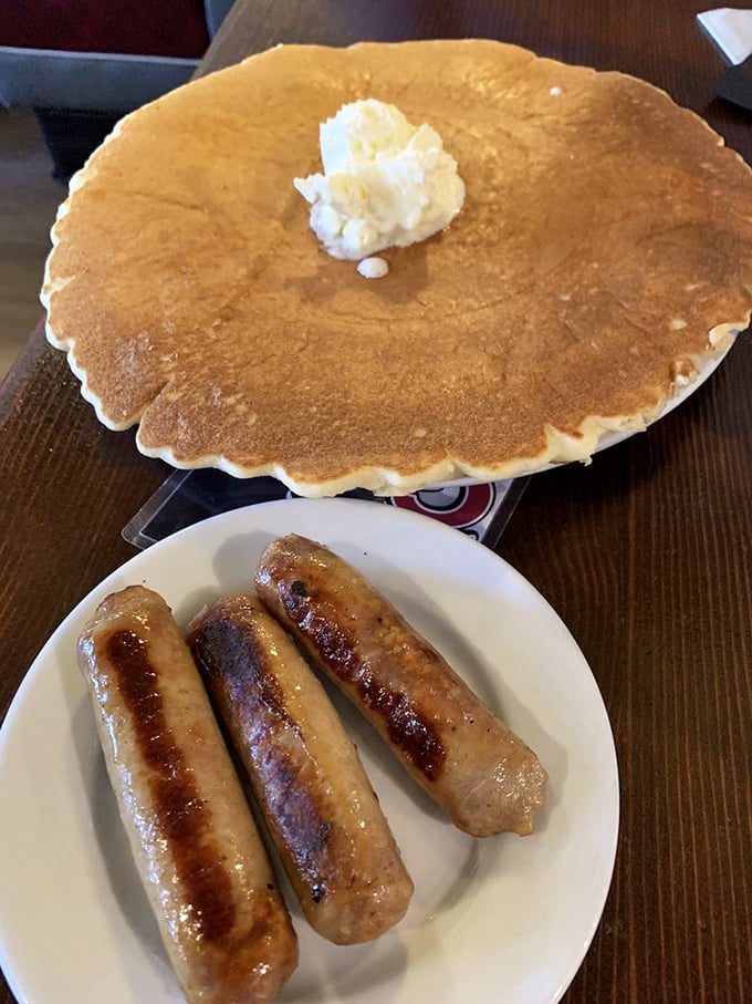 This pancake isn't just big&mdash;it's got its own area code. A proper LA breakfast where even the sausages look like they've been working out.