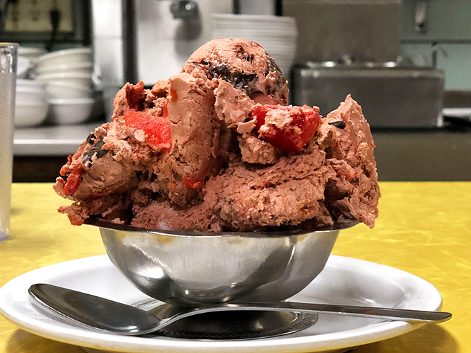Not all heroes wear capes &ndash; some wield ice cream scoops. This chocolate creation with chunks of cherry is practically wearing a superhero cape.
