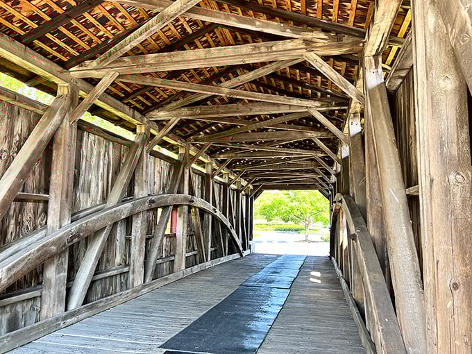 Step inside and you're transported to another era&mdash;hand-hewn beams and wooden trusses showcase the craftsmanship that's kept this structure standing for generations.