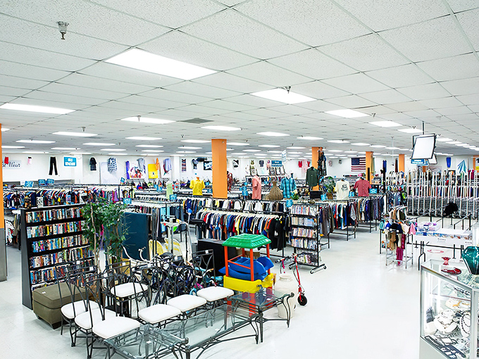 Treasure hunting paradise stretches as far as the eye can see. Racks of potential wardrobe transformations await beneath fluorescent lights that hide nothing.