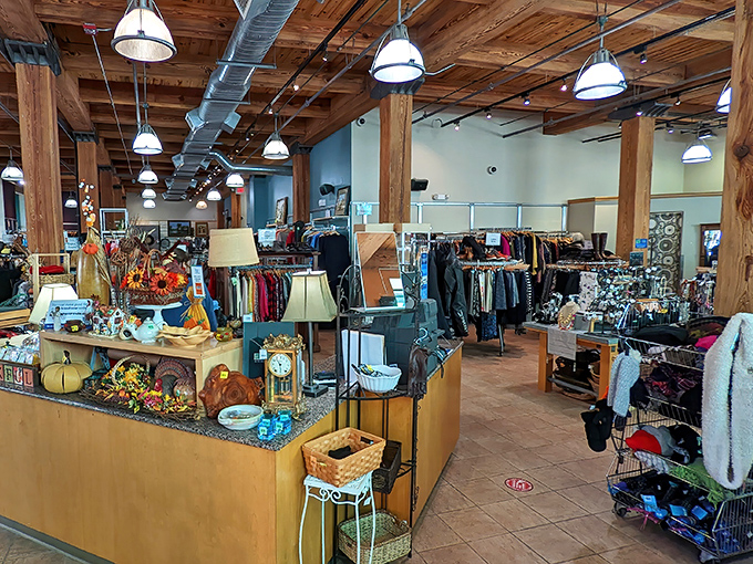 Inside, exposed wooden beams and thoughtful organization transform secondhand shopping from chaotic rummaging to a boutique experience worth savoring.