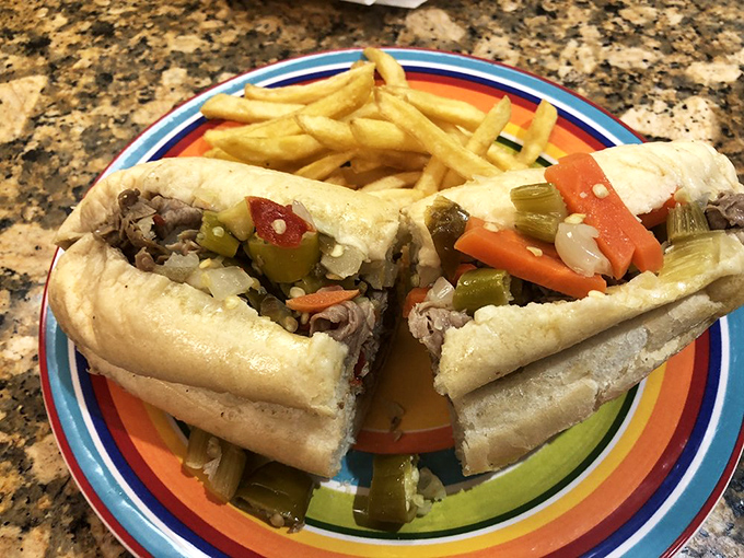The star attraction in all its glory &ndash; thinly sliced beef, giardiniera, and that perfectly soaked French roll. This is sandwich architecture at its finest.