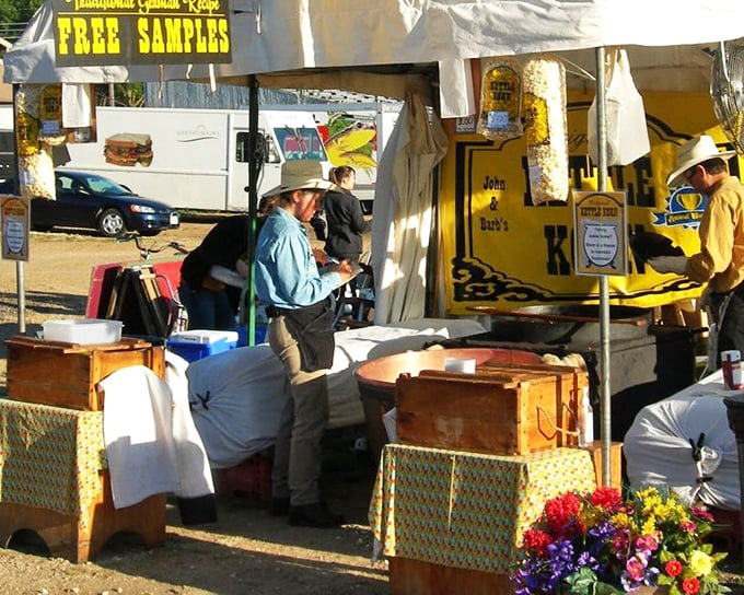 Free samples beckon hungry shoppers at this sunny food stand, where the aroma of kettle corn mingles with the sweet scent of discovering your next vintage treasure.