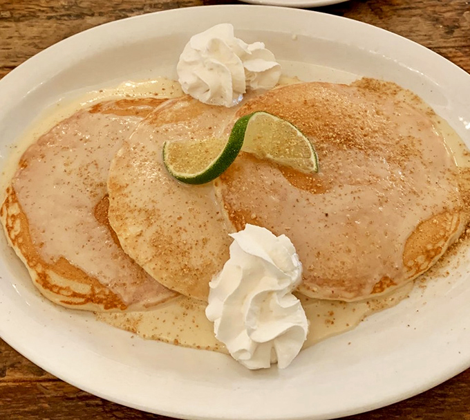 Key lime pancakes that make you question why regular pancakes even exist. Florida's favorite citrus brings its A-game to this breakfast masterpiece.
