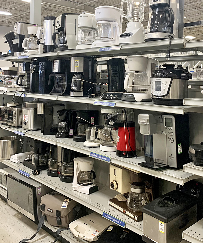 Coffee makers from every decade congregate here, like a support group for appliances seeking their second act.