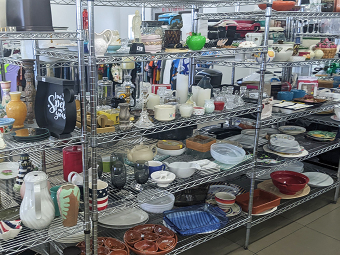 Kitchen treasures arranged with chaotic precision—where someone's discarded Fiestaware becomes your dining table's new conversation piece.