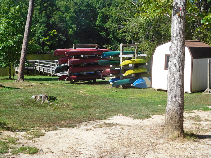 Colorful fleet at the ready: a rainbow of canoes stands sentinel, each waiting to carry explorers across the lake's surface for their own personal voyage of discovery.