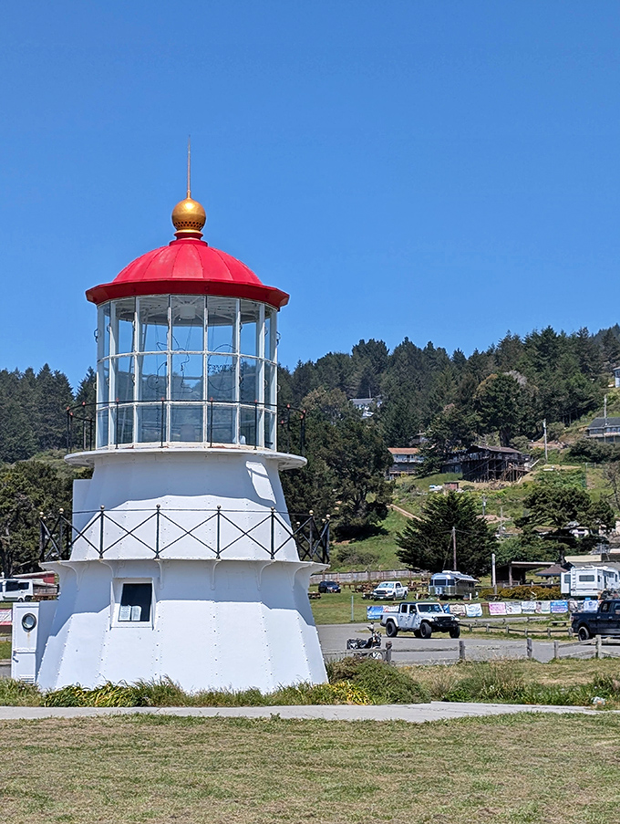 Not your average neighborhood watch! The lighthouse keeps a dignified eye on Shelter Cove's hillside homes and visiting vehicles.