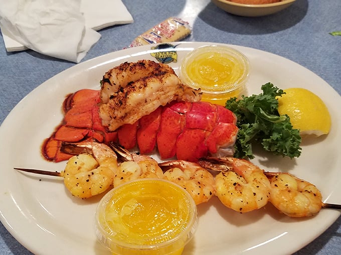 Lobster and shrimp sharing a plate like old friends at a reunion. That melted butter? Liquid gold for seafood royalty.