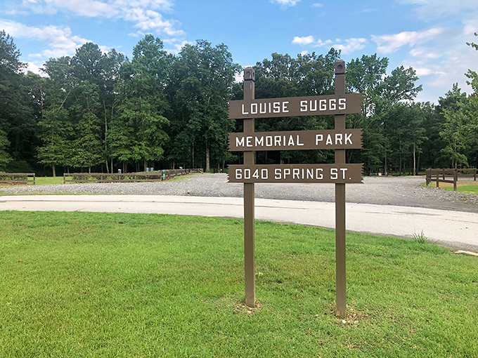 Louise Suggs Memorial Park welcomes visitors with simple wooden signage &ndash; no flashy entrance needed when nature provides the real spectacle inside.