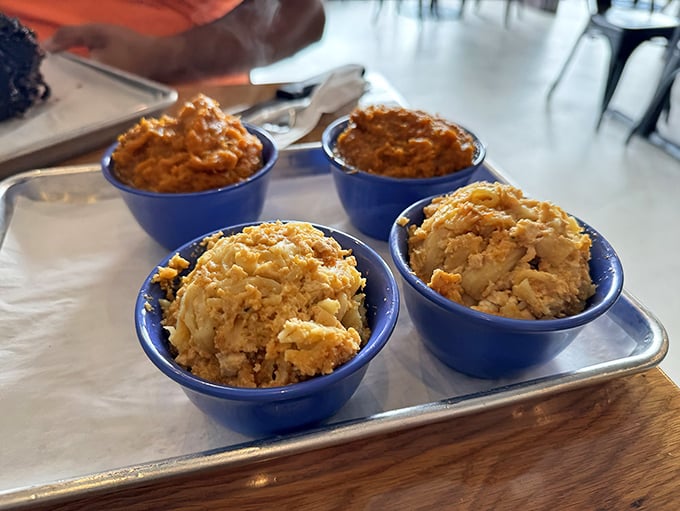 Mac and cheese that doesn't whisper but shouts comfort – these little blue bowls of molten goodness might just steal the show.