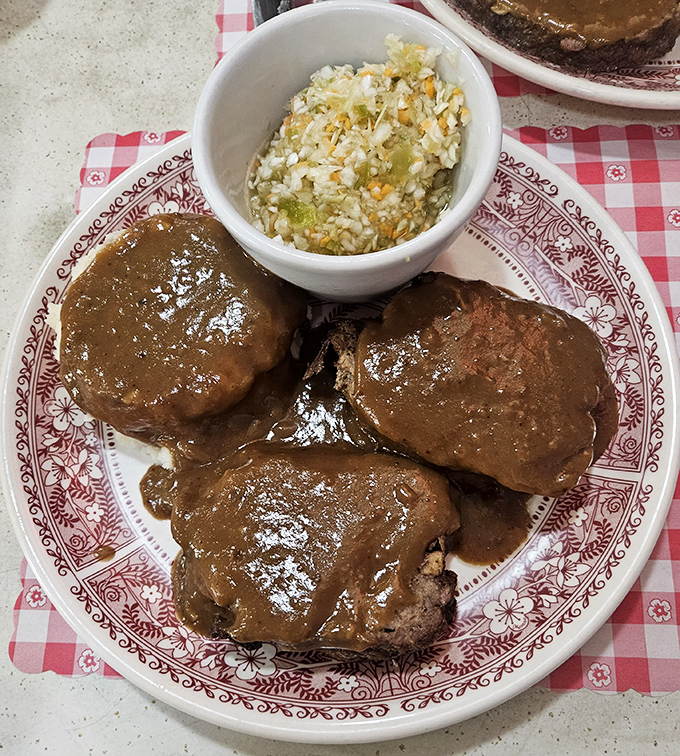 Meatloaf that doesn't need a filter&mdash;three thick slices swimming in gravy that would make your grandmother both jealous and proud.
