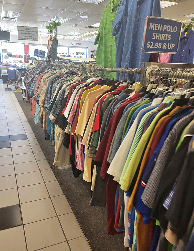 A rainbow of polo shirts that would make Ralph Lauren jealous. At $2.98, you could dress like a country club regular on a fast food budget.