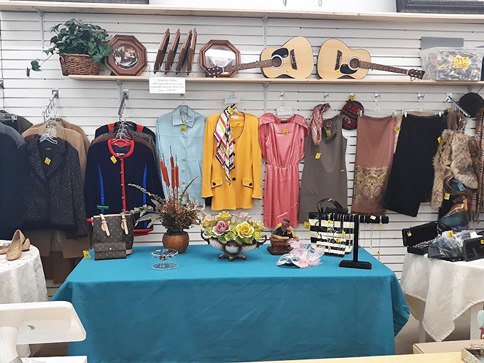 Vintage meets vibrant in this curated display. That yellow blazer could be the statement piece your wardrobe's been missing all along.