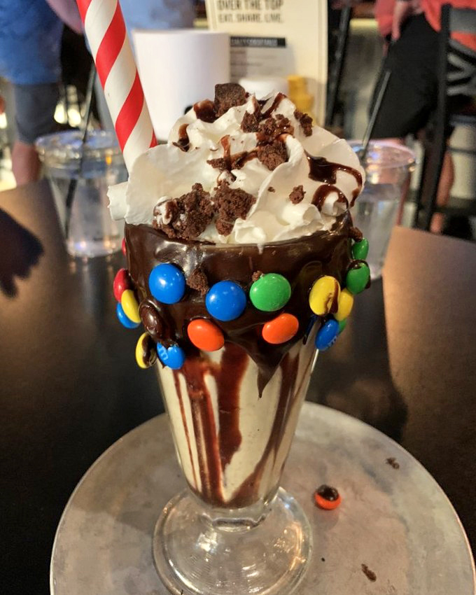 M&M's don't just melt in your mouth&mdash;they explode on this shake. Chocolate ganache and candy create a dessert that's basically childhood in glassware.