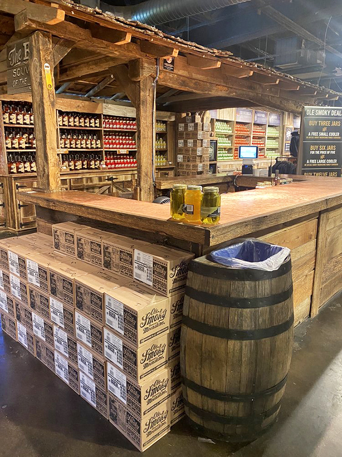 Moonshine heaven in wooden form! Rows upon rows of colorful mason jars line the shelves, each containing liquid mountain heritage just waiting to be sampled.