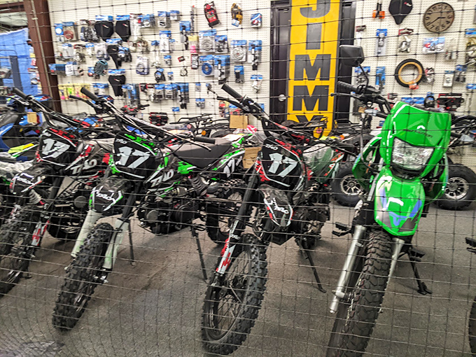 Gearheads, rejoice! This mini motorcycle showroom offers everything from dirt bikes to parts, proving one person's garage overflow becomes another's weekend project. 