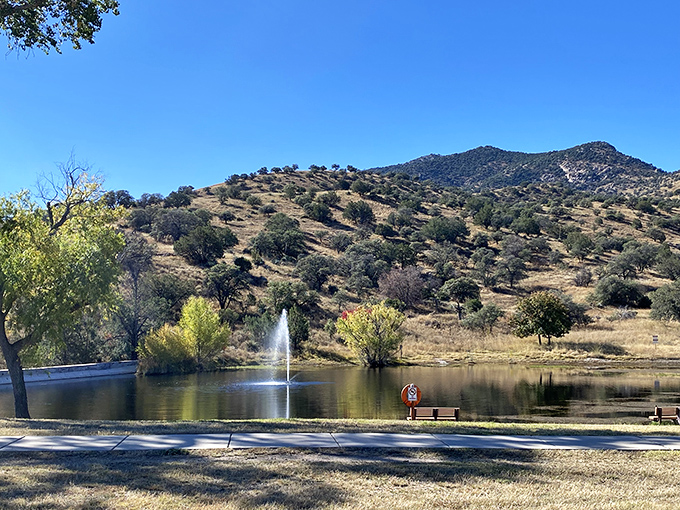 Nature's infinity pool? This serene lake reflects the rugged hills beyond, creating a perfect mirror image that doubles the beauty of Sierra Vista's landscape.